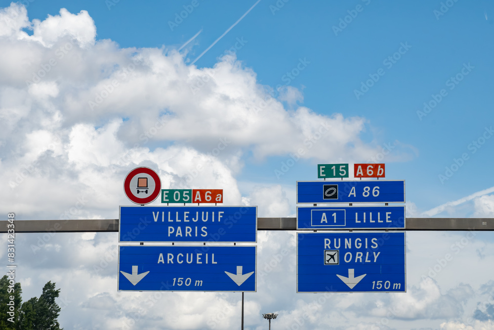 Driving on highway and road signs to Paris and other French cities ...