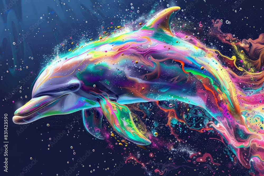 Abstract digital art of a colorful dolphin in a cosmiclike setting ...