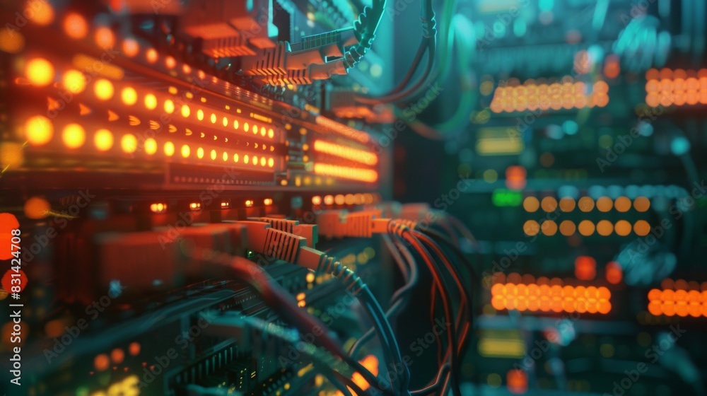 Communication cables connected to a switch, data center concept. Wires ...