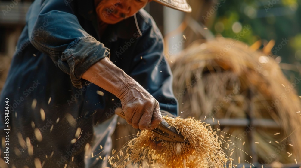 ภาพประกอบสต็อก Farmer using a traditional wooden threshing tool to ...