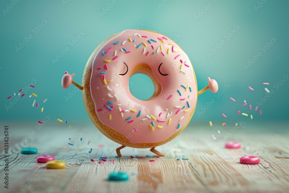 Playful animated donut character with a big smile and arms outspread ...