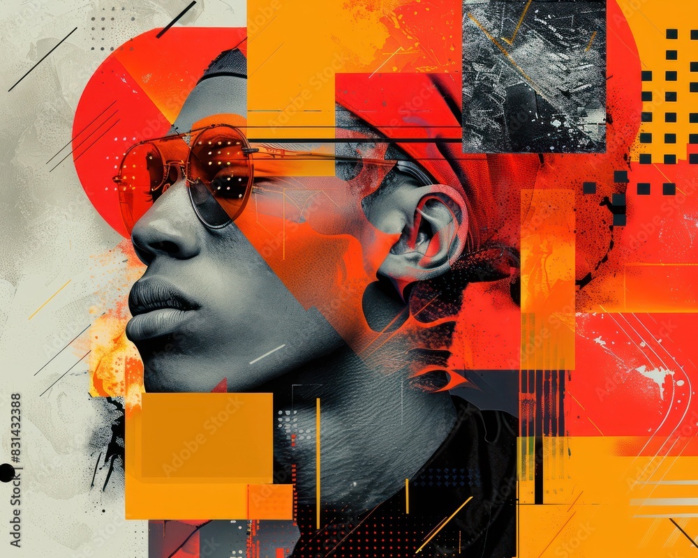 Abstract digital art portrait of a person in sunglasses, featuring ...