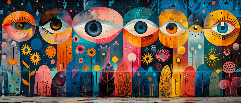 panoramic view of a contemporary mural filled with bold expressive ...