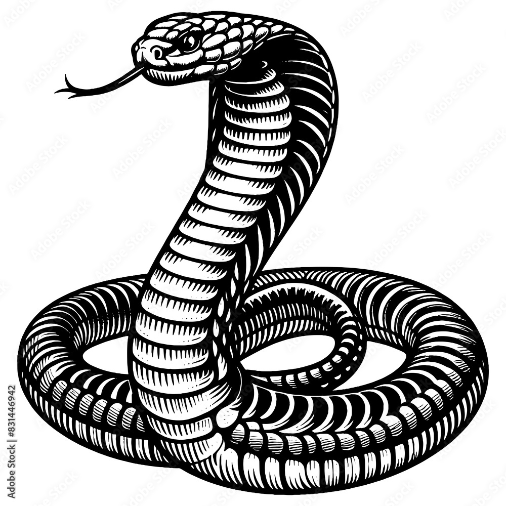 coiled cobra with its hood flared, showcasing classic artistic style ...