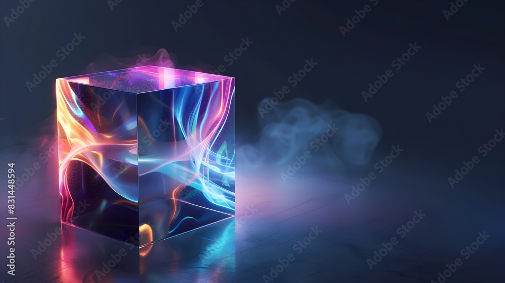 dark web banner background iridescent 3d glass cube on plain black ...