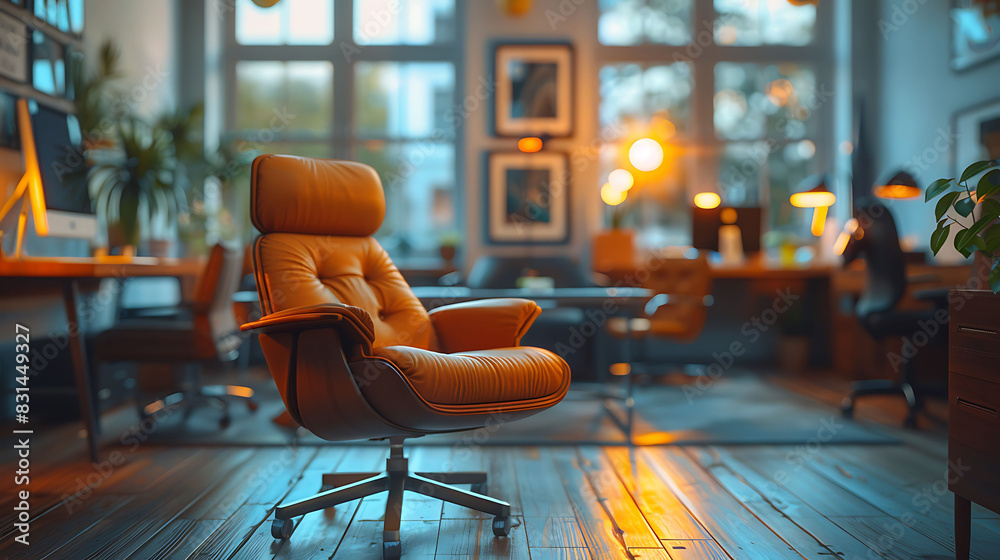 professional office setting with a soft blurry effect showing desks ...