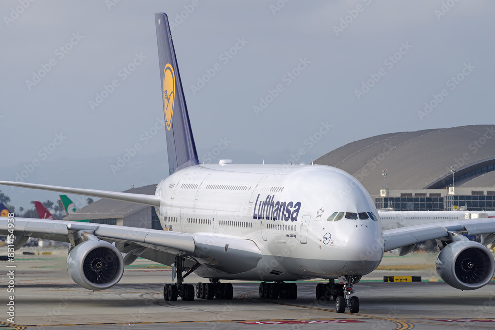 Lufthansa Airbus A380-800 with registration D-AIMN shown leaving from LAX, Los Angeles ...