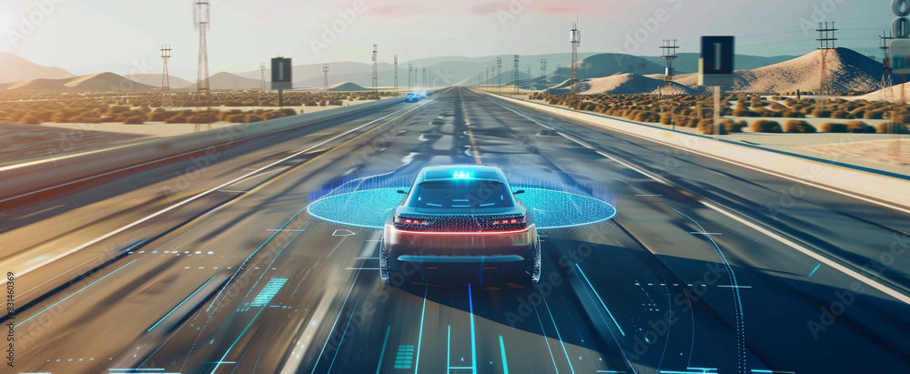 Self driving car on a highway road with signals around helping with ...