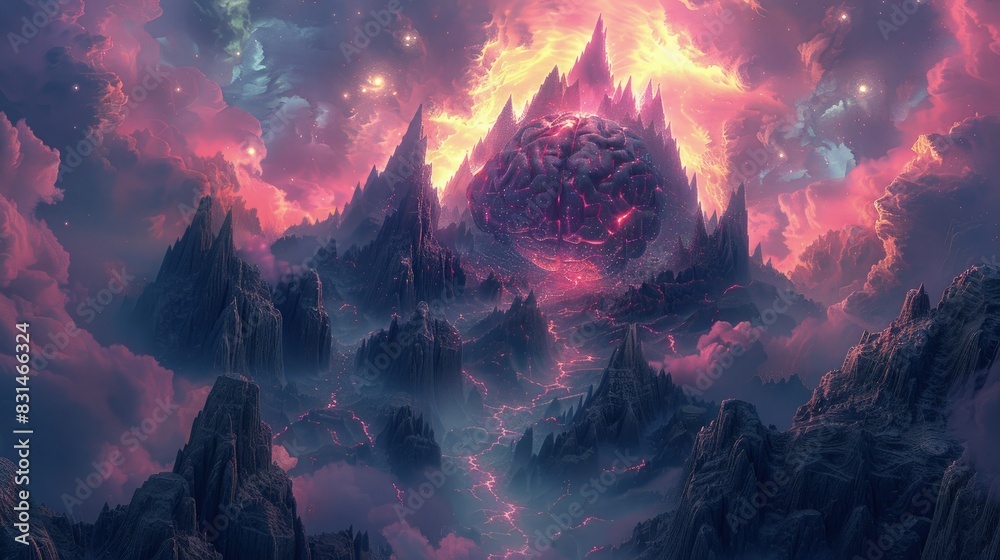 3D brain model with a stunning fantasy world background, featuring a ...