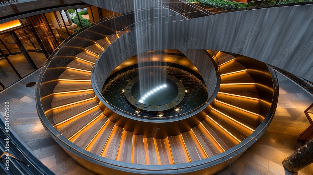 Cascading spiral stairs with LED-lit wooden treads and a central water ...
