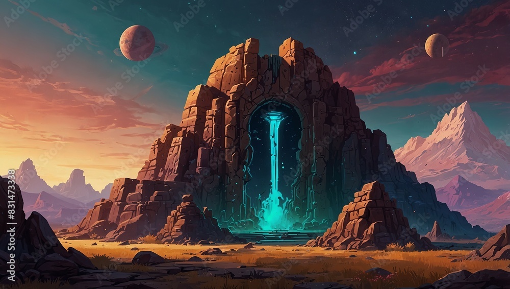 Alien ruins with ancient structures and craters under a colorful sky ...