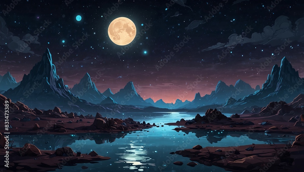 Alien planet landscape, space background with rocks and frozen pond ...