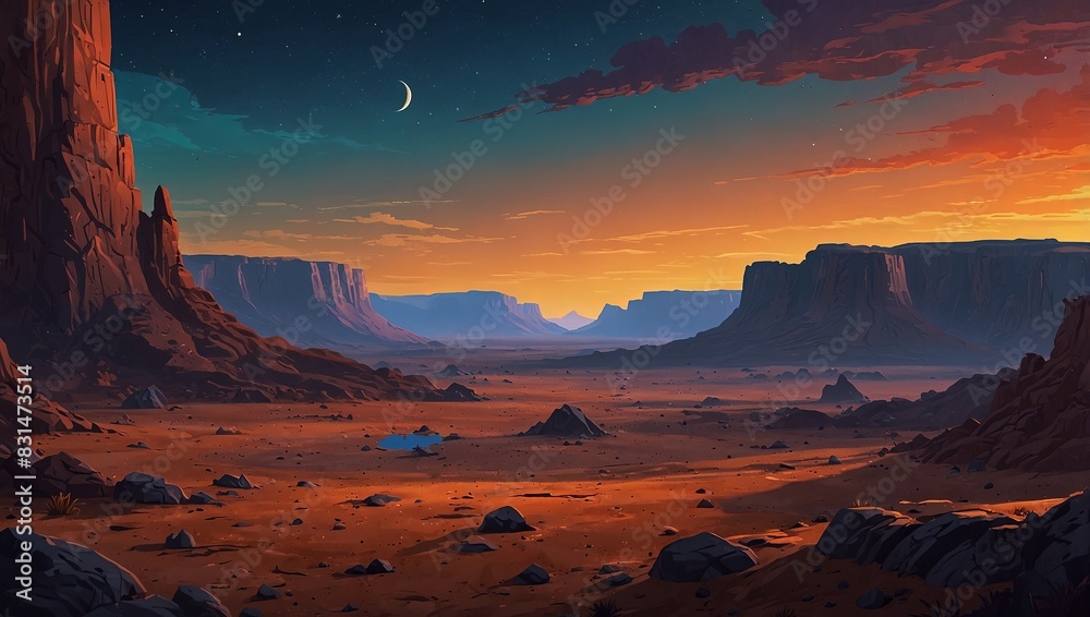 Alien valley landscape with deep craters and colorful sky for game ...