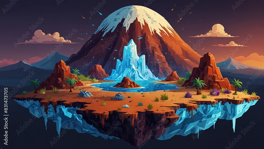 An ice crystal floating island, a volcano, a desert fantasy landscape ...