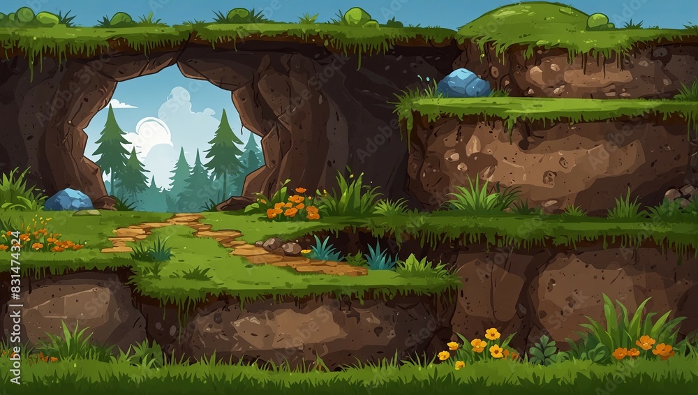 2D game background with dirt paths and grassy mounds for platformers ...