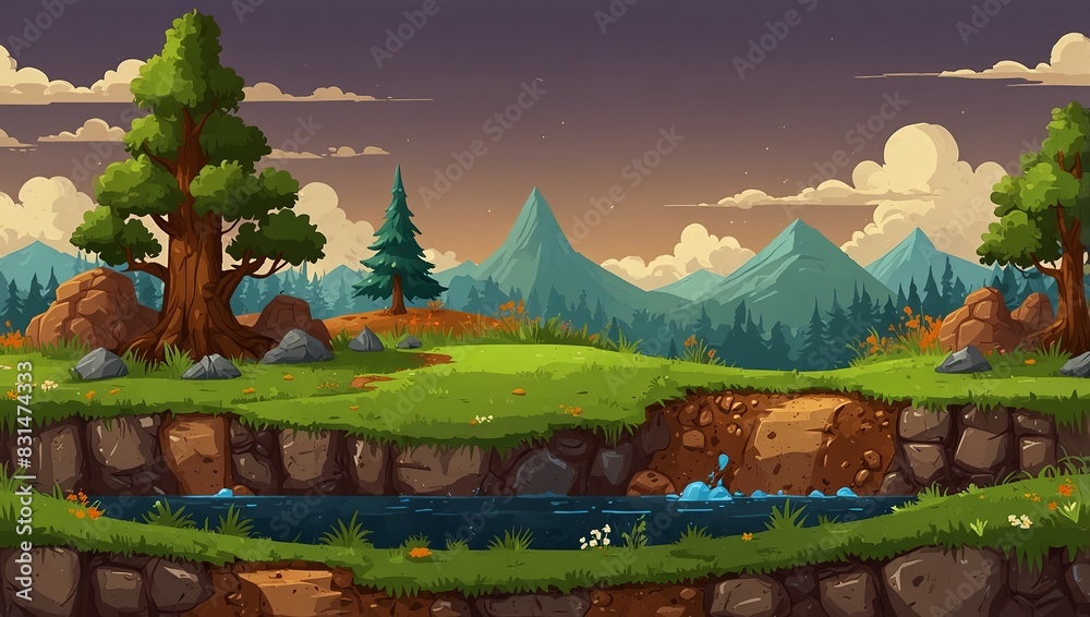 2D game background with dirt paths and grassy mounds for platformers ...