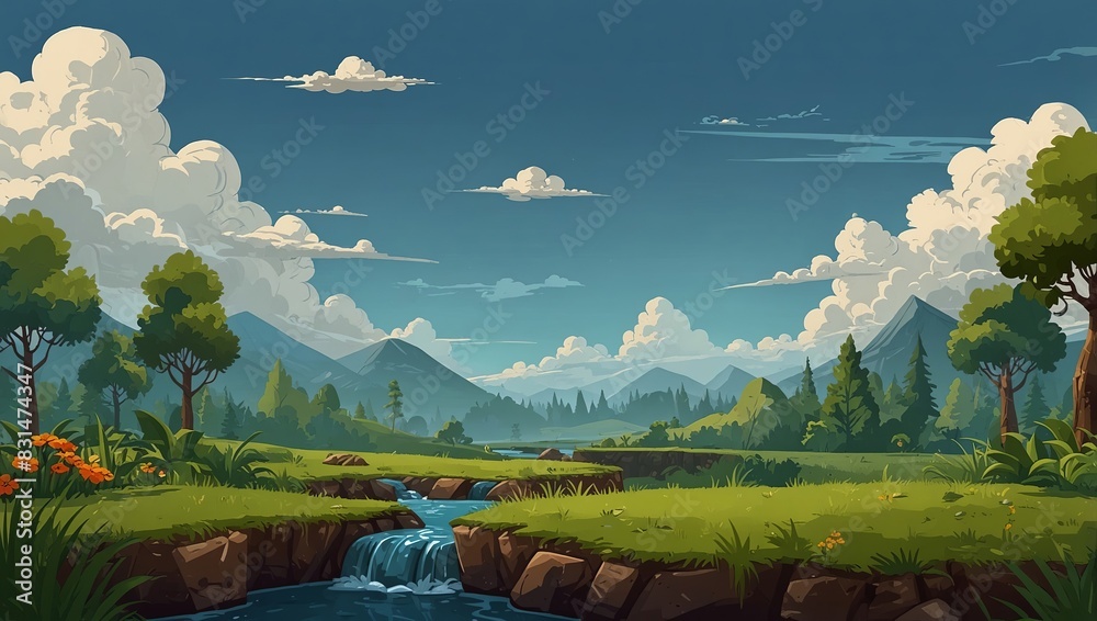 2D game level background asset with grassy platforms and sky backdrop ...