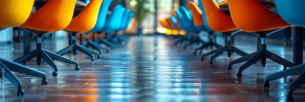 abstract office scene with a soft blurry effect showing desks chairs ...