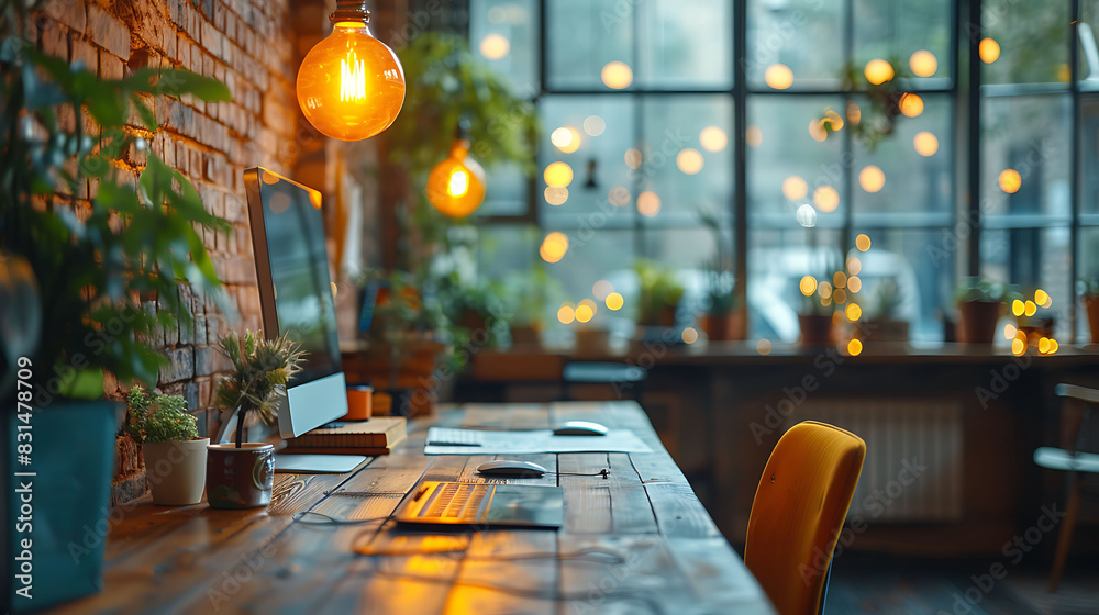 office ambiance with a soft blurry effect showing desks chairs and ...