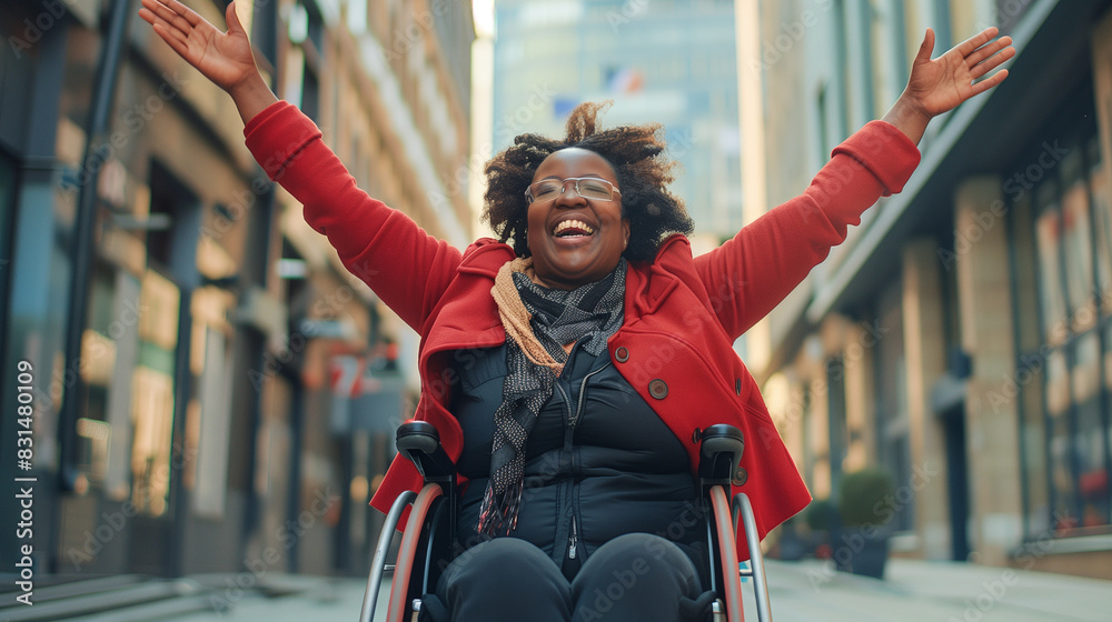 Happy disabled black woman in a wheelchair winning. African american ...
