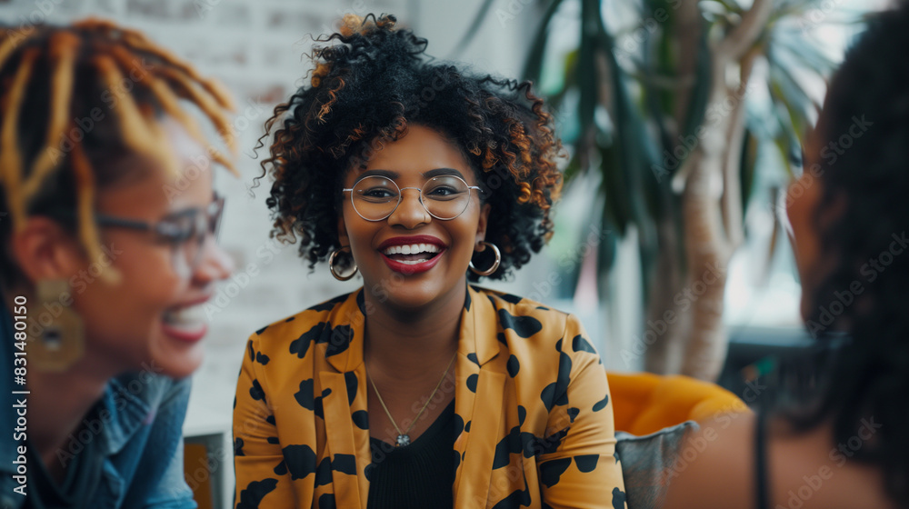 Happy multiracial group of black women talking & laughing in diverse ...