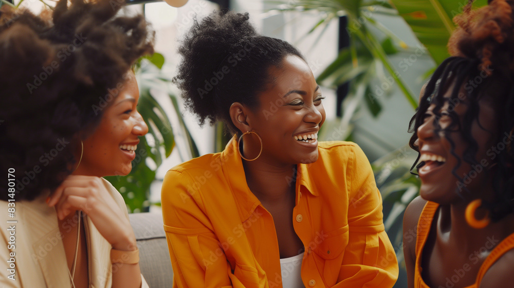 Happy multiracial group of black women talking & laughing in diverse ...