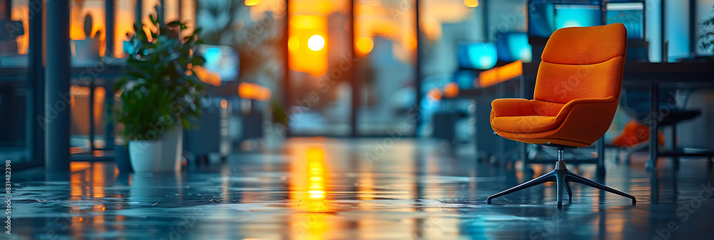 office with a blurred background showing desks chairs and monitors out ...