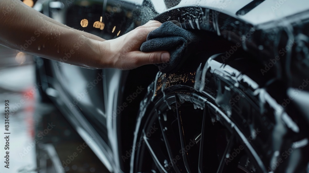 car detailing. hand is cleaning a black alloy wheel with microfiber ...