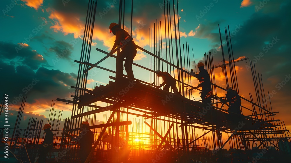 Construction workers are assembling a steel frame for a high-rise ...