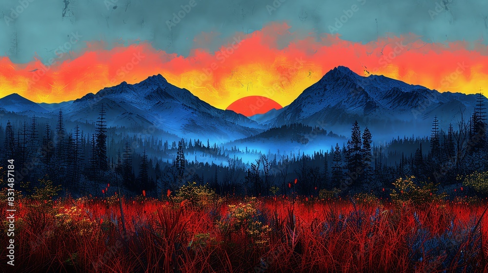 An illustration of a bold painting of blue icey mountains with ...