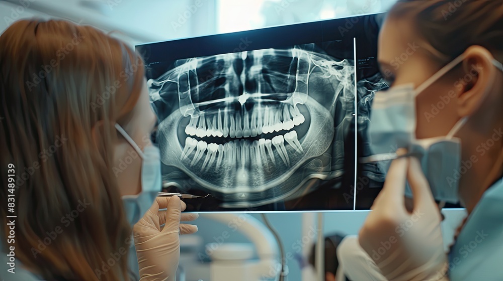 Dental students learning to identify pathologies using panoramic X-ray films. Stock Illustration ...