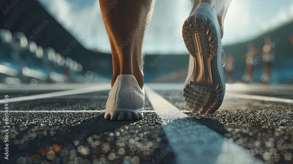 Sprinter's powerful legs in close-up, muscles tensed, ready for ...