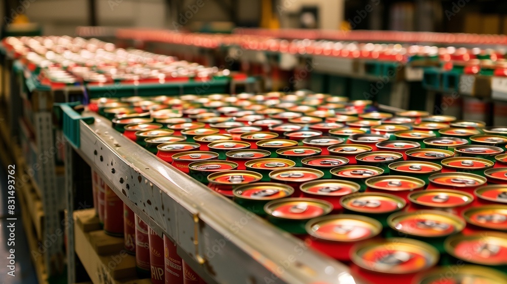 Photograph of food cans, labeled in an industrial environment. Pallets ...