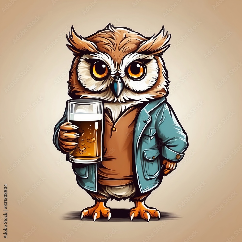 Cute baby owl beer mug Vector Logo little animal character ...