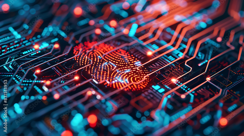 a close-up view of a circuit board with a digital fingerprint overlay ...