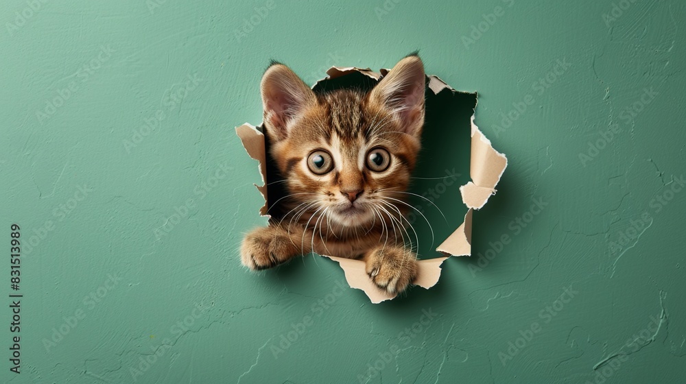t-shirt design, green background with cat coming out of paper hole in ...