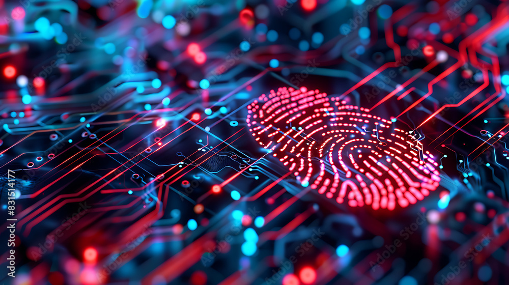 a close-up view of a circuit board with a digital fingerprint overlay ...