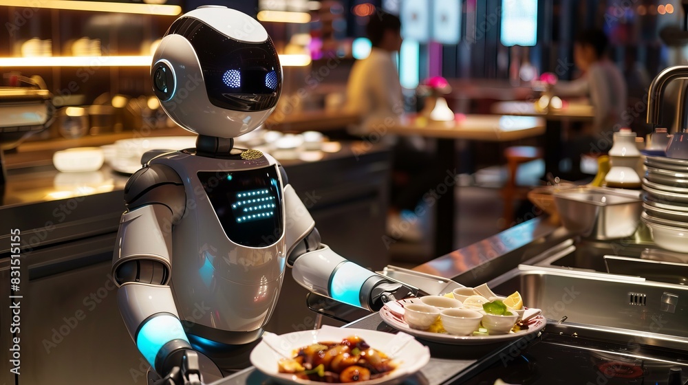 humanoid robots cooking in the restaurant kitchen, futuristic AI ...