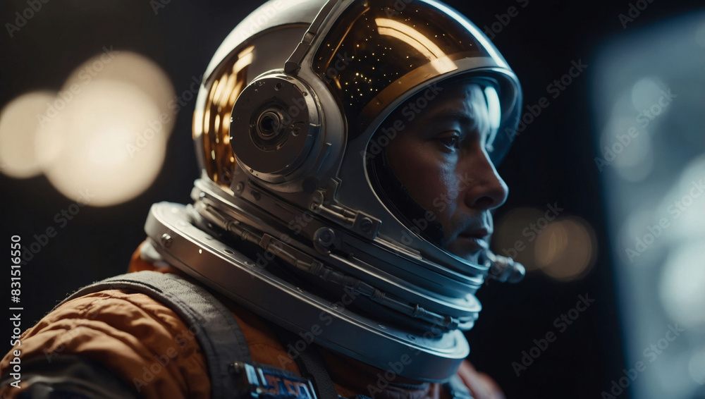 Side profile of a space astronaut figure in helmet, backlit for ...