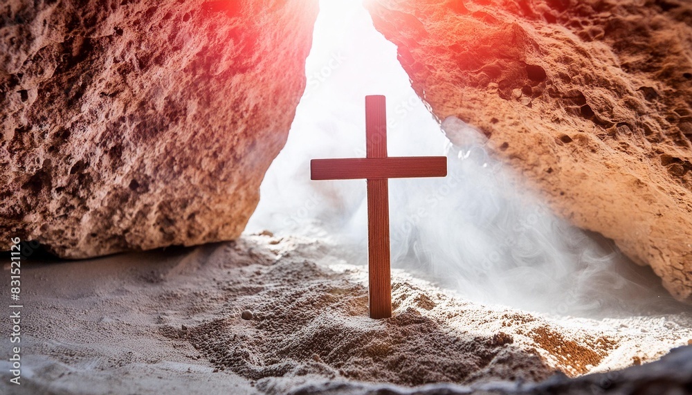cross in a cave in the rays of sun and dust generative ai Stock Photo ...