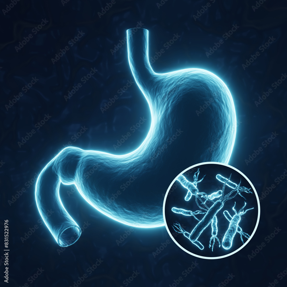 ภาพประกอบสต็อก Neon glow human stomach and helicobacter pylori bacteria ...