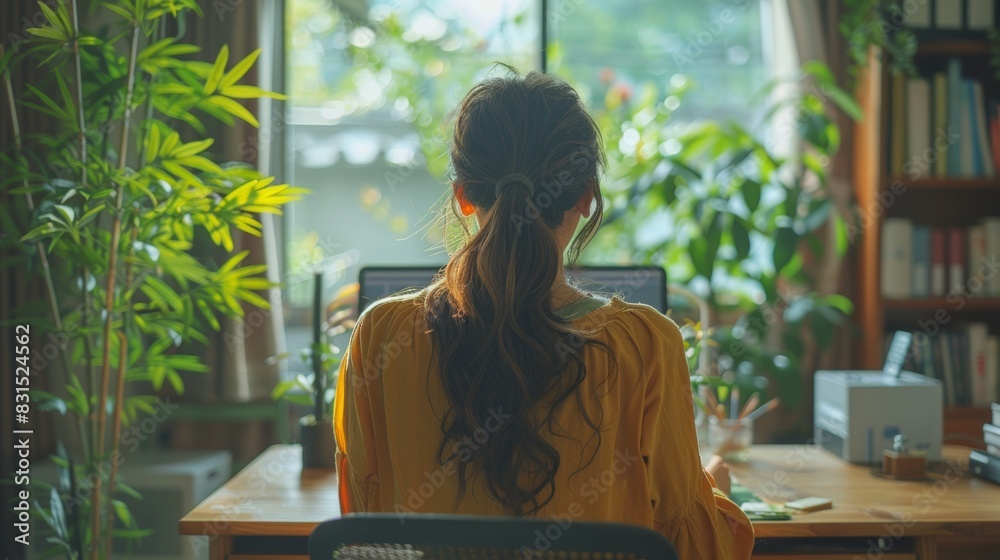 global remote work, a chinese woman attentively participating in a ...