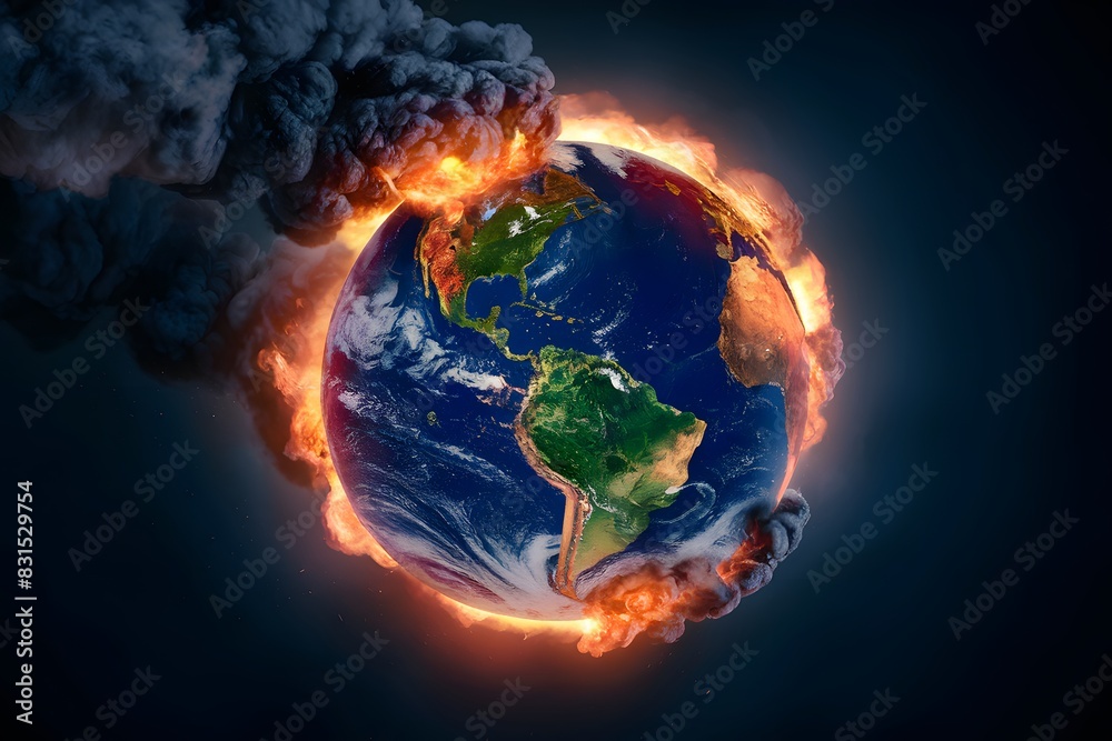 Earth on fire with smoke and eruptions, dark background intensifies ...