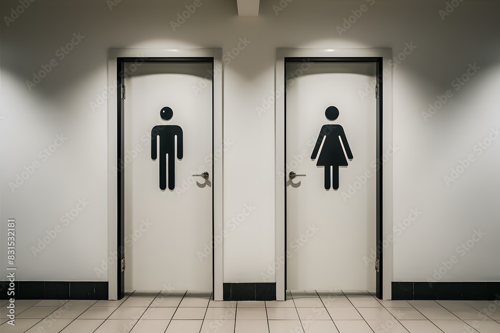Two restroom doors, male and female symbols, silver handles, plain ...