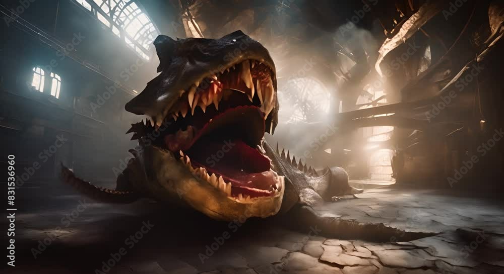 Giant scary monster jaws lying on a floor of a dungeon or laboratory ...