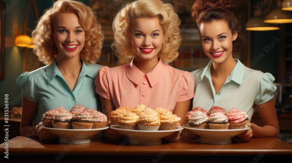 Three smiling women dressed in vintage waitress uniforms hold trays of ...