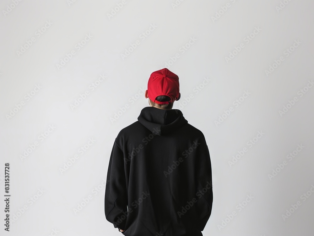 Man stands facing away wearing black hoodie and red baseball cap, man ...