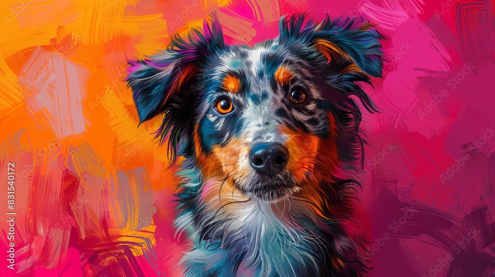 Vibrant digital painting of an Australian Shepherd dog with a colorful ...