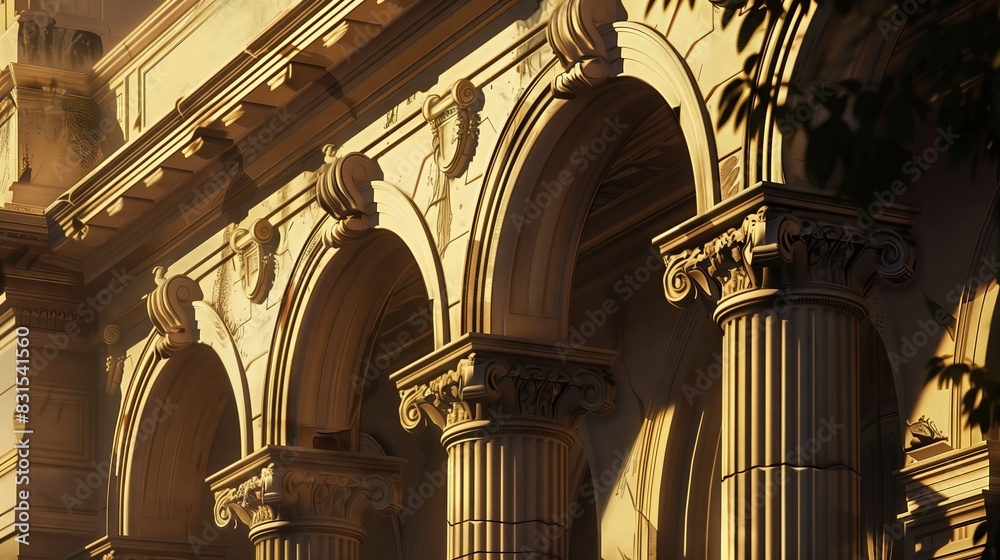 Renaissance archivolts, with pilasters and pediments, glow in warm ...