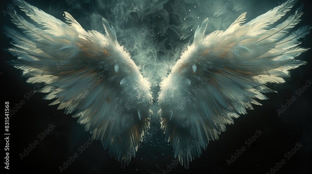 large, expansive white angel wings that appear to be angelic in nature ...